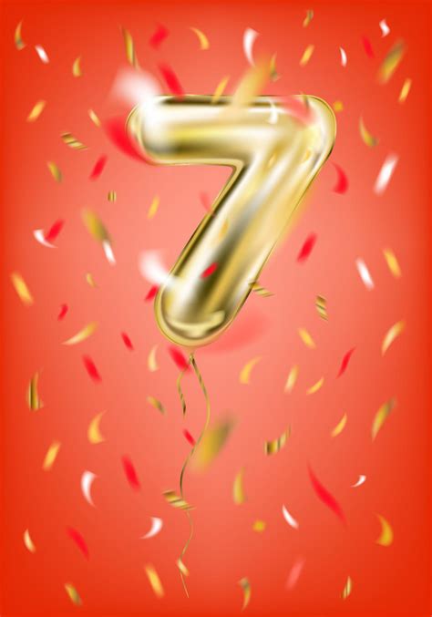 festlicher goldballon sieben 7-stellig und folienkonfetti auf galarotem ...