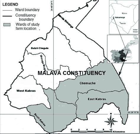 Map of Malava Constituency in Kakamega County showing the three ...