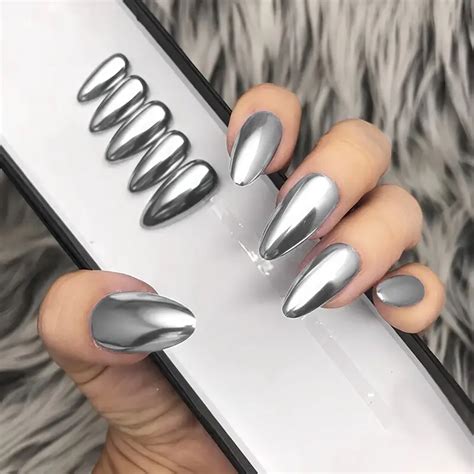 Metal Sense Press-on Nails Y2k Emo Silvery Almond Fake Nails With Jelly ...