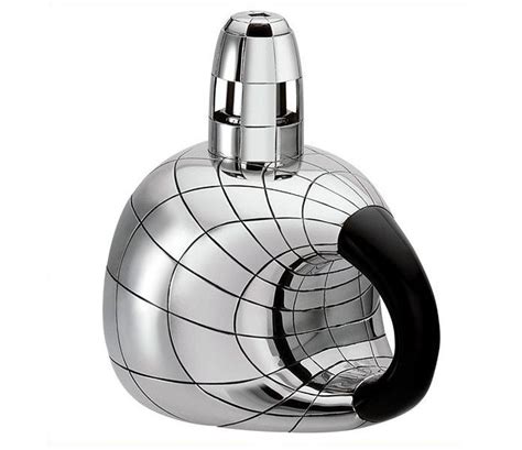 a silver object with black handles and an unusual design on the top ...