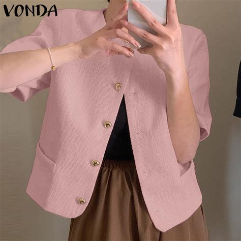 VONDA Лето Женщины Сплошной цвет Пуговицы Пальто с коротким рукавом ...