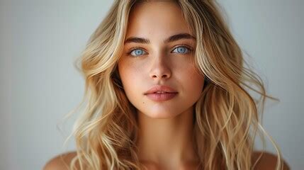 A close-up portrait of a young woman with blonde, wavy hair and striking blue eyes against a ...