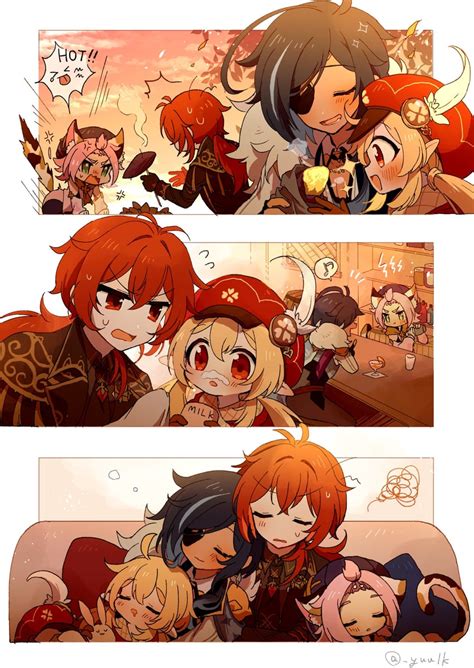 klee, diluc, dodoco, kaeya, and diona (genshin impact) drawn by yuuzatta | Danbooru