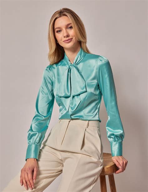 Women's Aqua Satin Pussybow Blouse | Hawes and Curtis
