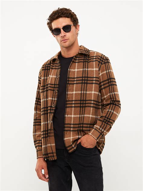 Relaxed Fit Long Sleeve Plaid Gabardine Men's Shirt Jacket -W24503Z8 ...