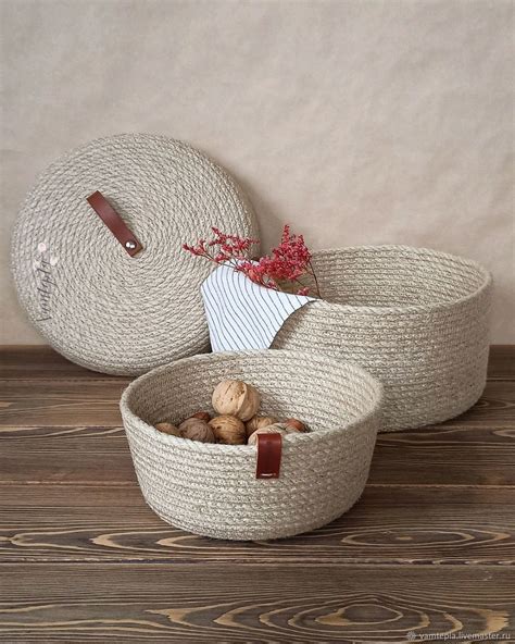Корзина из джута, Корзинка круглая, Корзина с крышкой, Набор корзин ...
