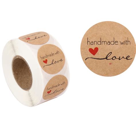Наклейки (этикетки) рулонные "Handmade with love" ZA11, крафтовые, 2.5 ...