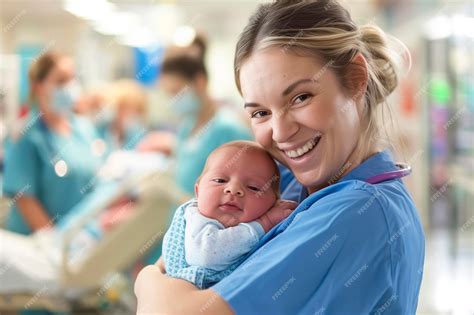 Health care concept Smiling obstetric nurse caring for newborn baby in ...