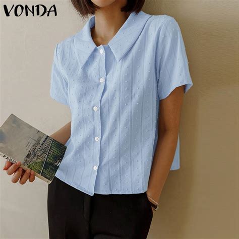 VONDA Летние женские повседневные рубашки из 100% хлопка с короткими ...