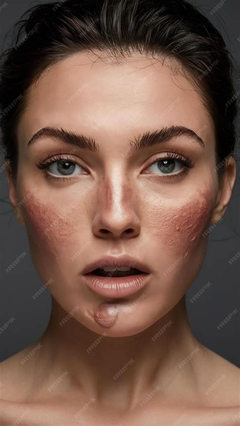 Skin problem with acne diseases close up woman face with dry lip mouth scar and oily greasy face ...