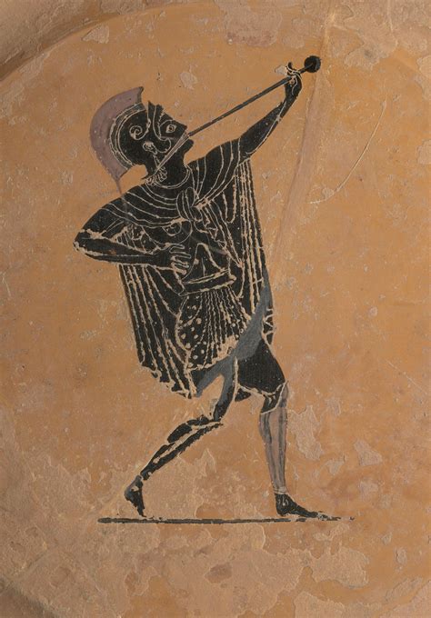 Black-figured pinax (plate) showing a soldier blowing a trumpet ...
