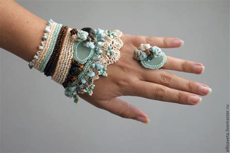 Вязаные браслет с кольцо - ларимар, янтарь, бирюза | Crochet rings ...