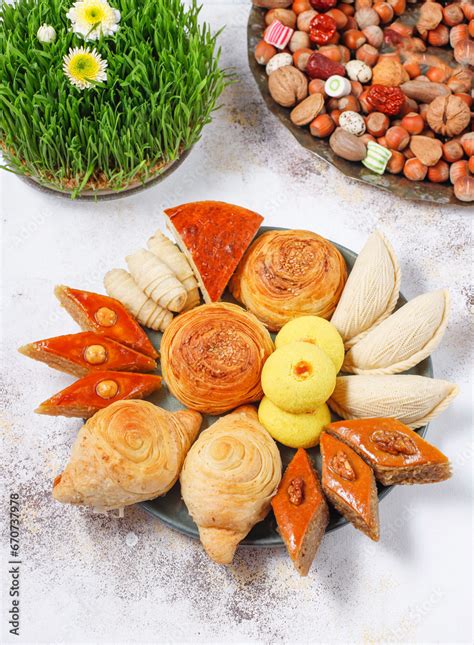 Traditional Azerbaijan holiday Novruz background with green semeni ...